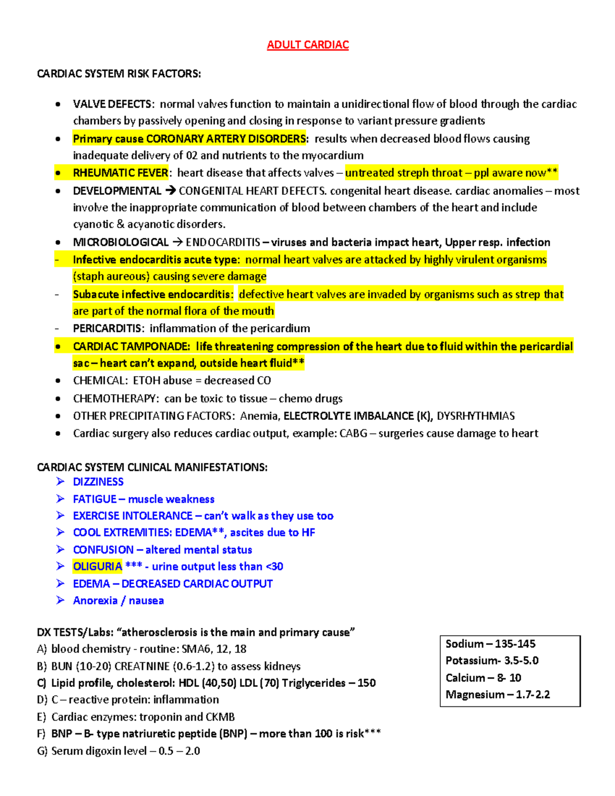 TEST 4 Final - study guide for cardiac - ADULT CARDIAC CARDIAC SYSTEM ...