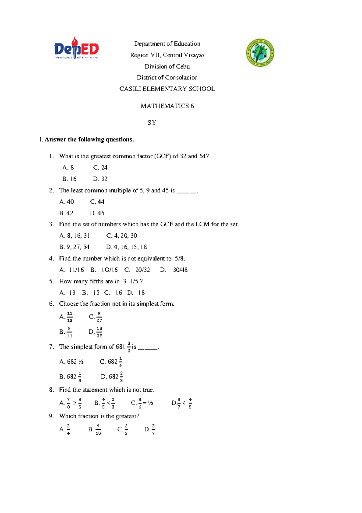 Quarter 1 First Grading Period Mathematics Examination Grade 6 ...