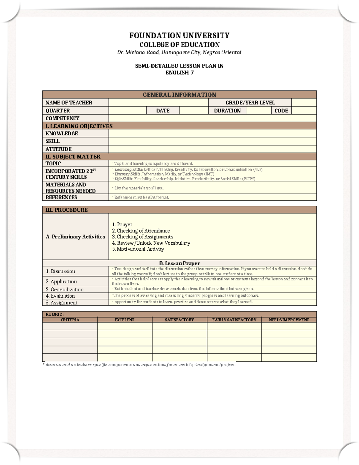 SDLP Template FUCE 4 - for demolect - FOUNDATION UNIVERSITY COLLEGE OF EDUCATION Dr. Miciano ...