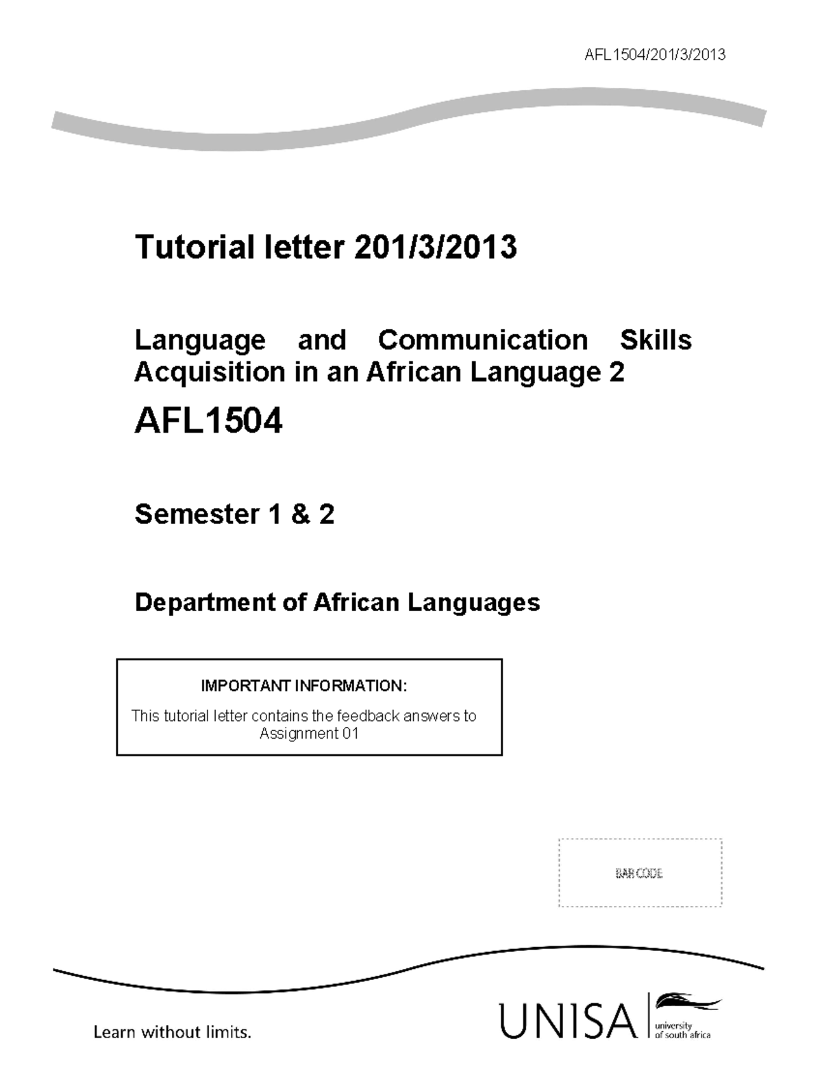 AFL1504 201 3 2013 - AFL1504/201/3/ Tutorial letter 201/3/ Language and ...