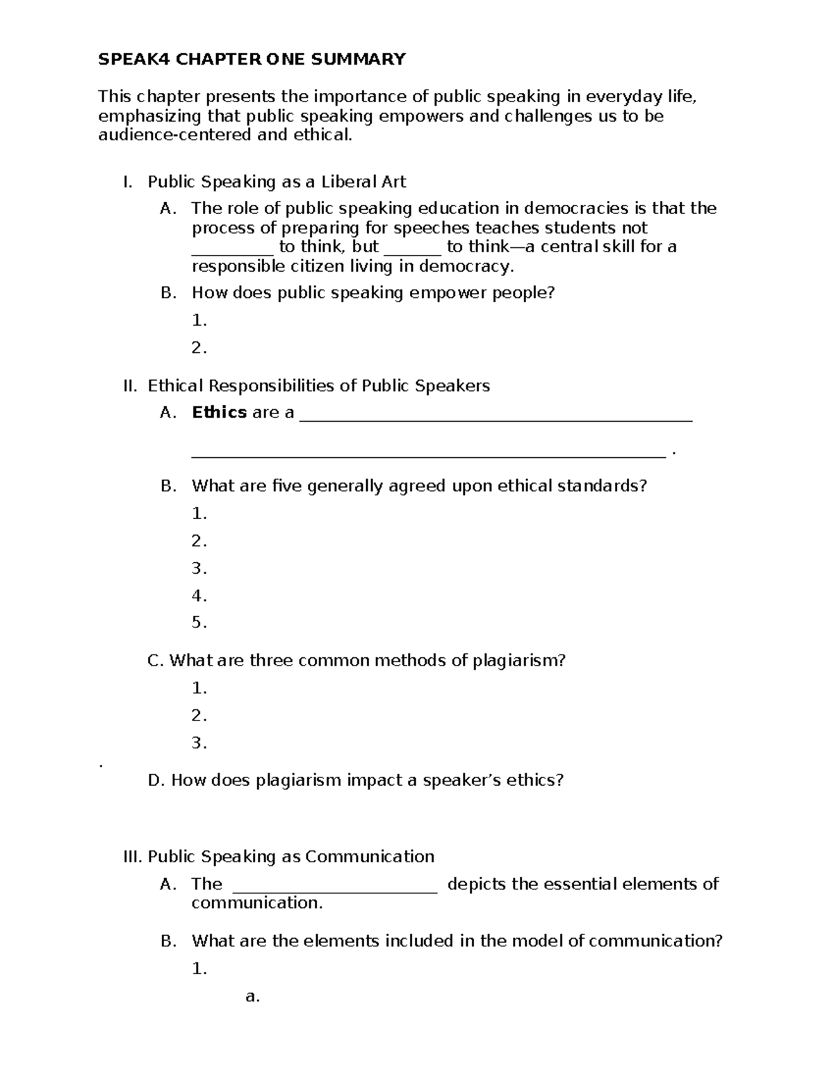 Chapter One Summary Notes - SPEAK4 CHAPTER ONE SUMMARY This chapter ...