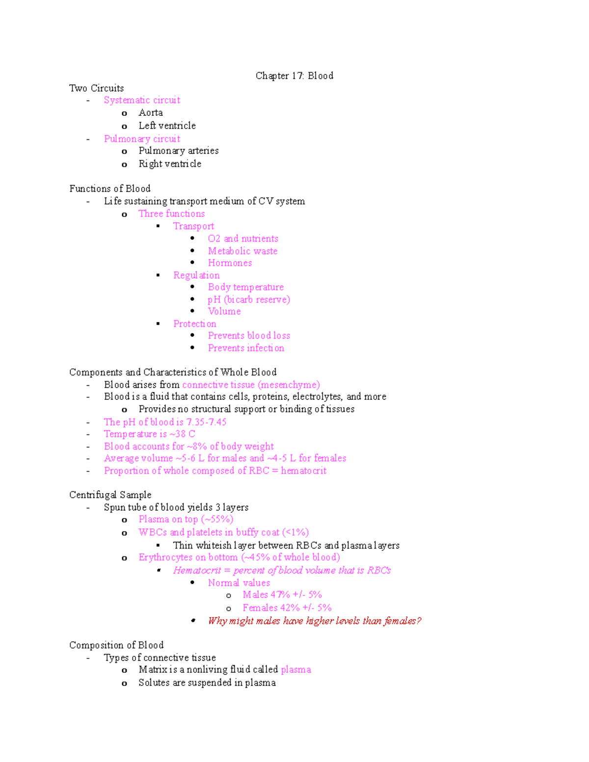 Chapter 17 notes (blood) - Chapter 17: Blood Two Circuits Systematic ...