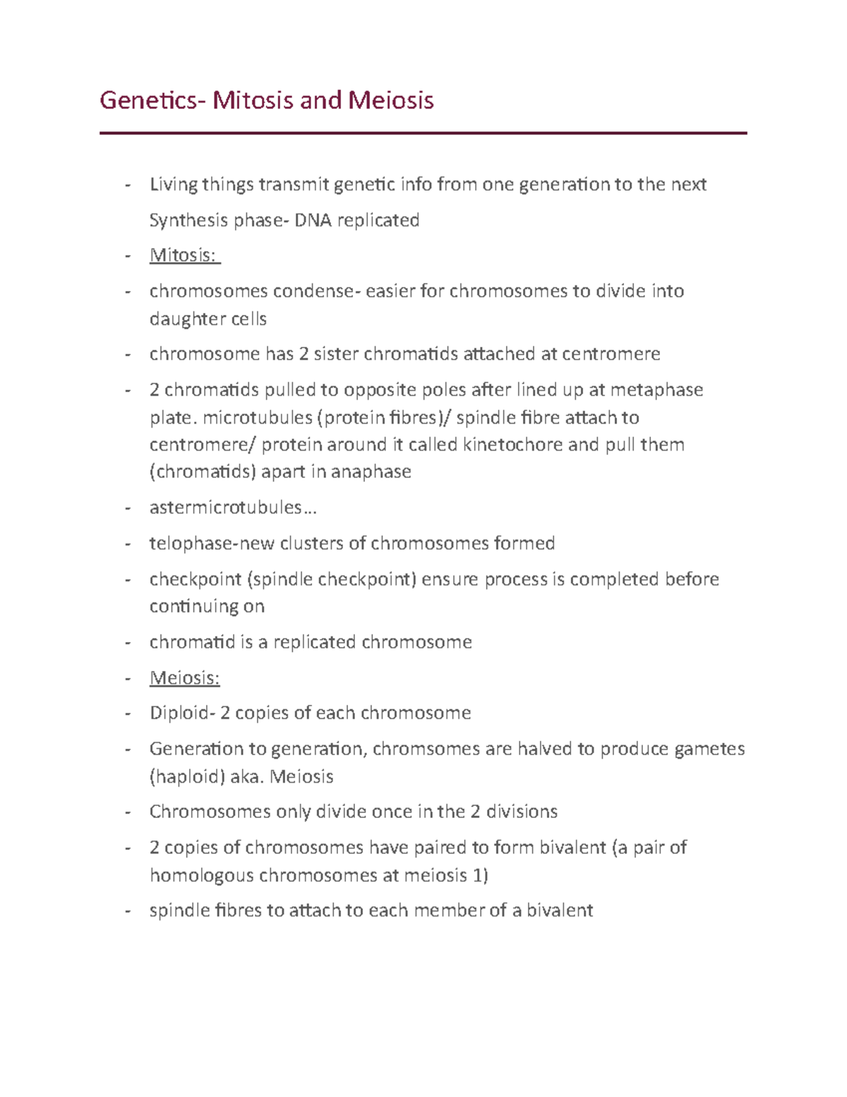 Genetics- mitosis and meiosis notes - Genetics- Mitosis and Meiosis ...
