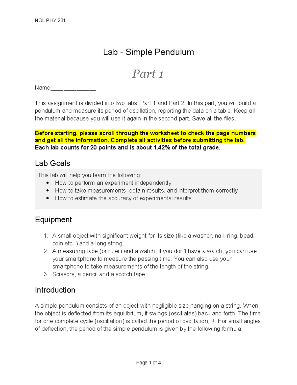 Mod04-Simple pendulum-Gavva - Lab - Simple Pendulum Part 1 Name ...