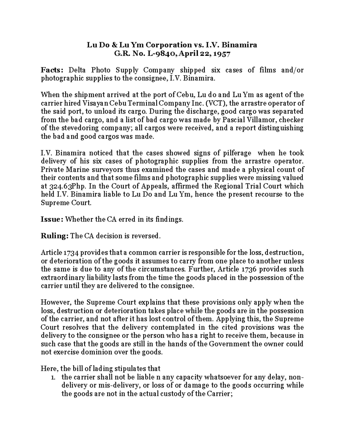 2 - Lu Do & Lu Ym Corporation vs. I.V. Binamira - Lu Do & Lu Ym Corporation vs. I. Binamira G ...