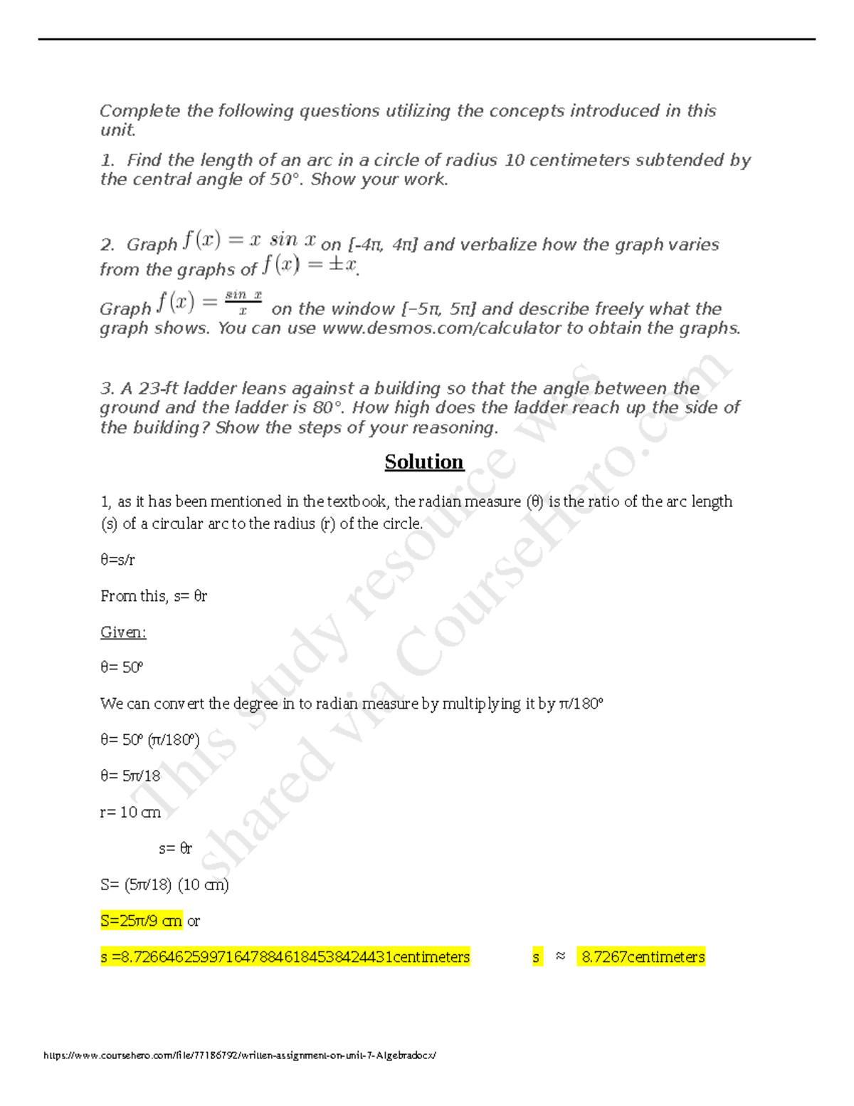 Written assignment on unit 7 Algebra.docx - Complete the following ...