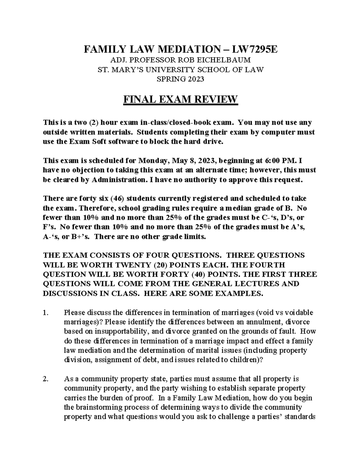 Fam Law Mediaton Semester Review - Spring 2023 - FAMILY LAW MEDIATION ...