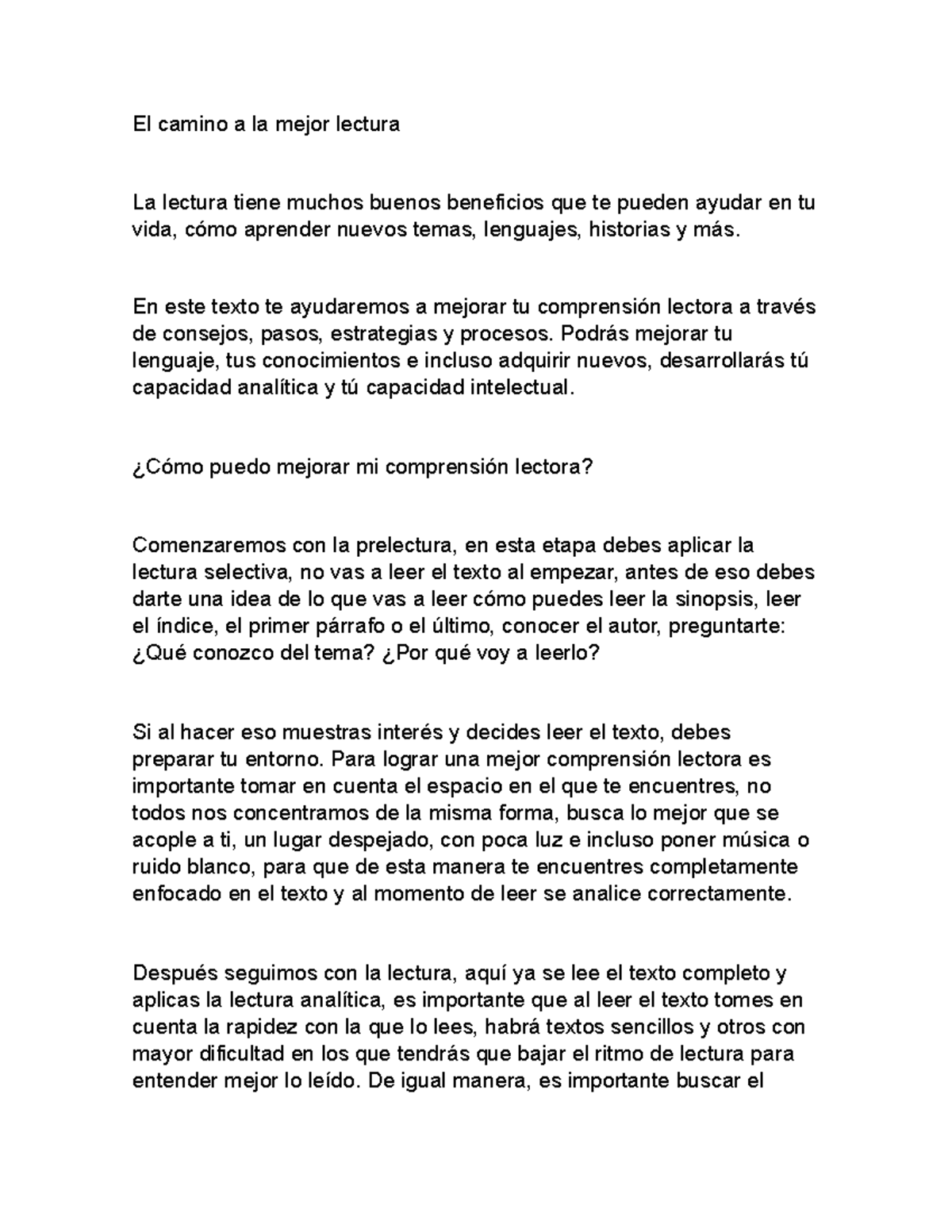El camino a la mejor lectura - En este texto te ayudaremos a mejorar tu ...