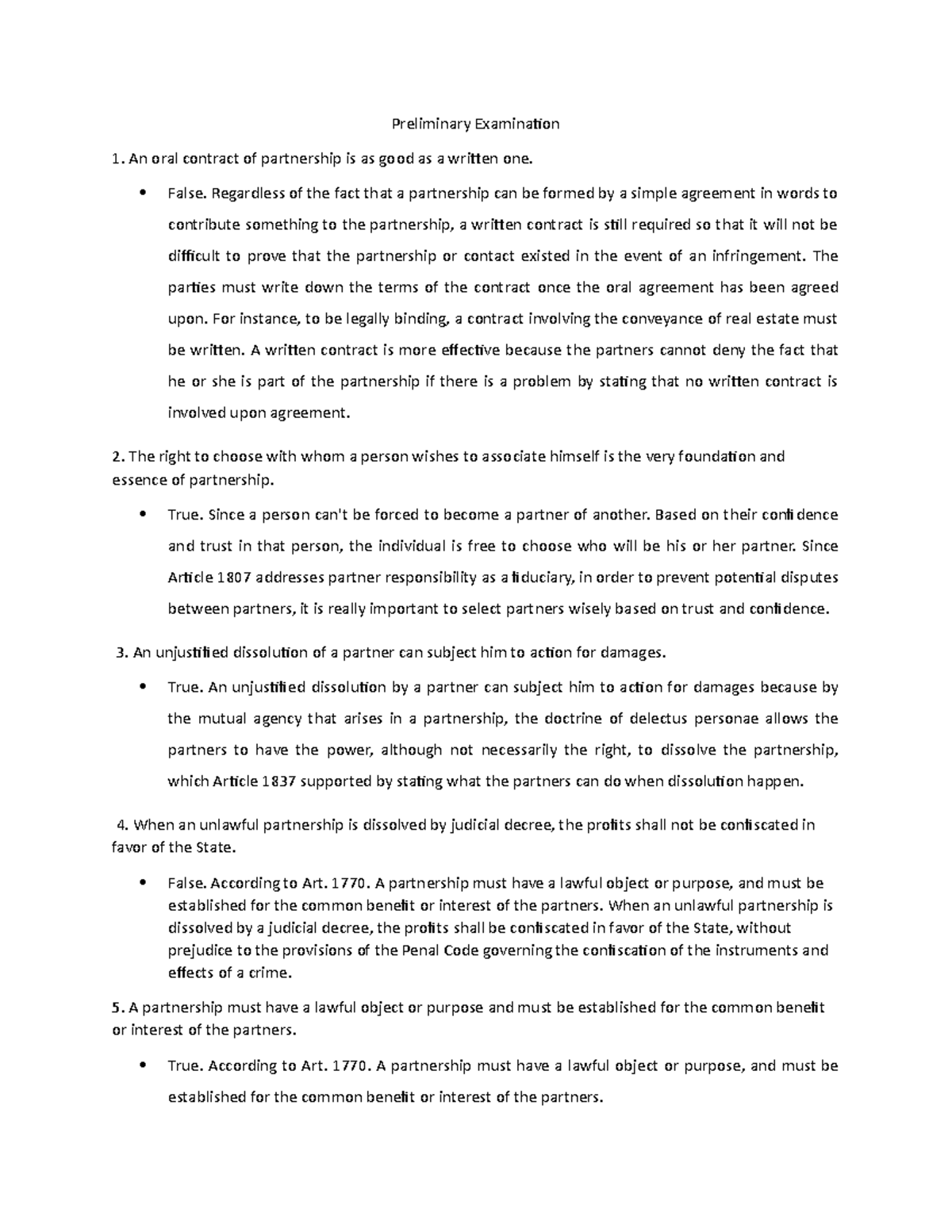 Law prelims - Preliminary Examination An oral contract of partnership ...