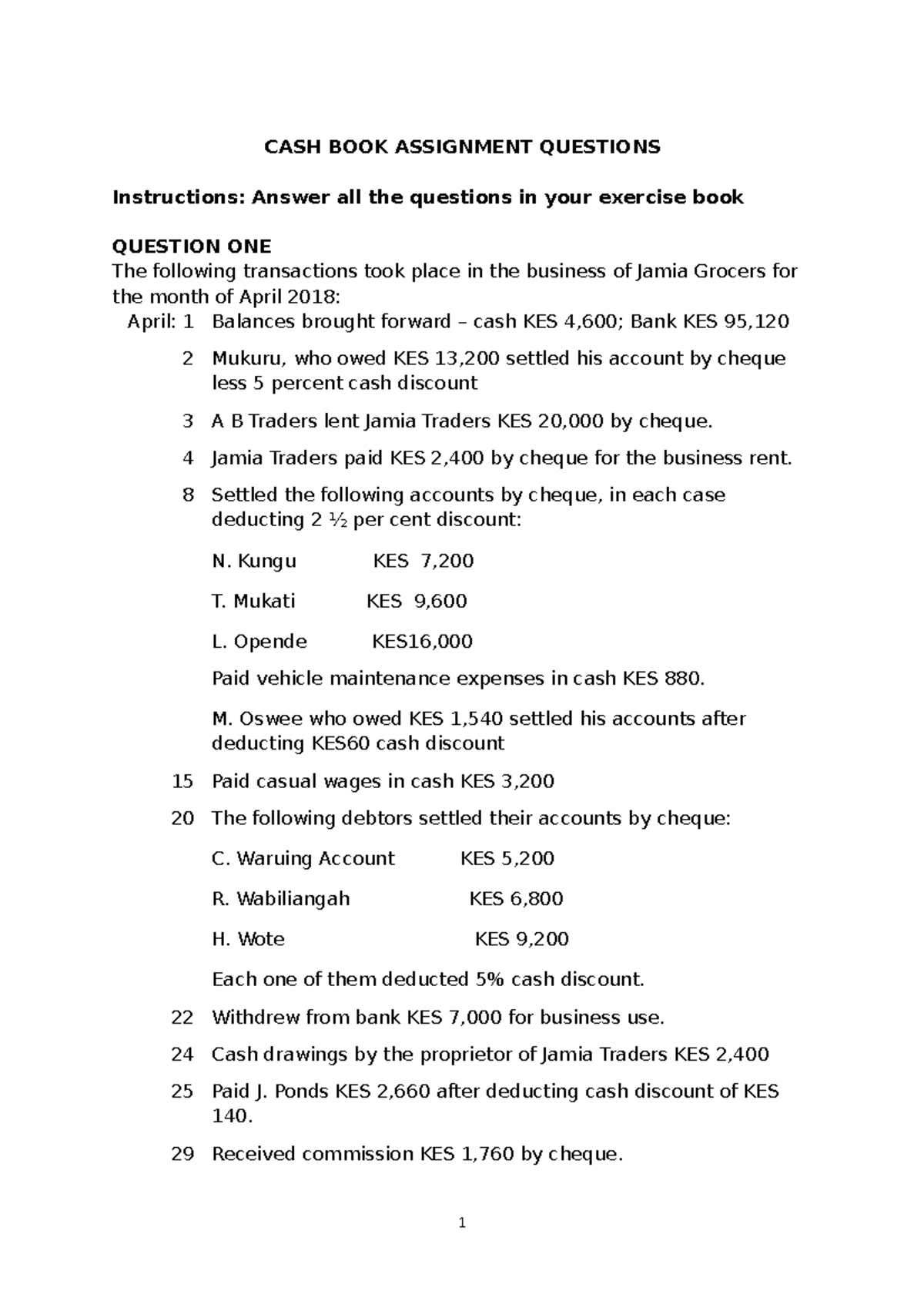 CASH BOOK Assignment Questions - CASH BOOK ASSIGNMENT QUESTIONS ...