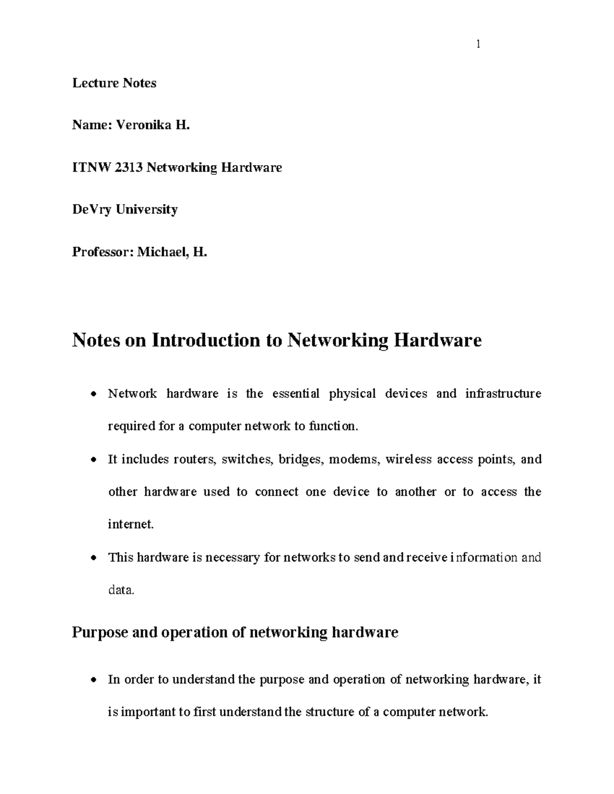 Notes on Introduction to Networking Hardware - Lecture Notes Name ...