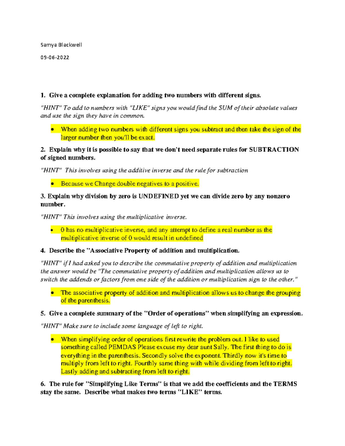 Document 18 - college algebra maybe prealgebra - Samya Blackwell 09-06 ...