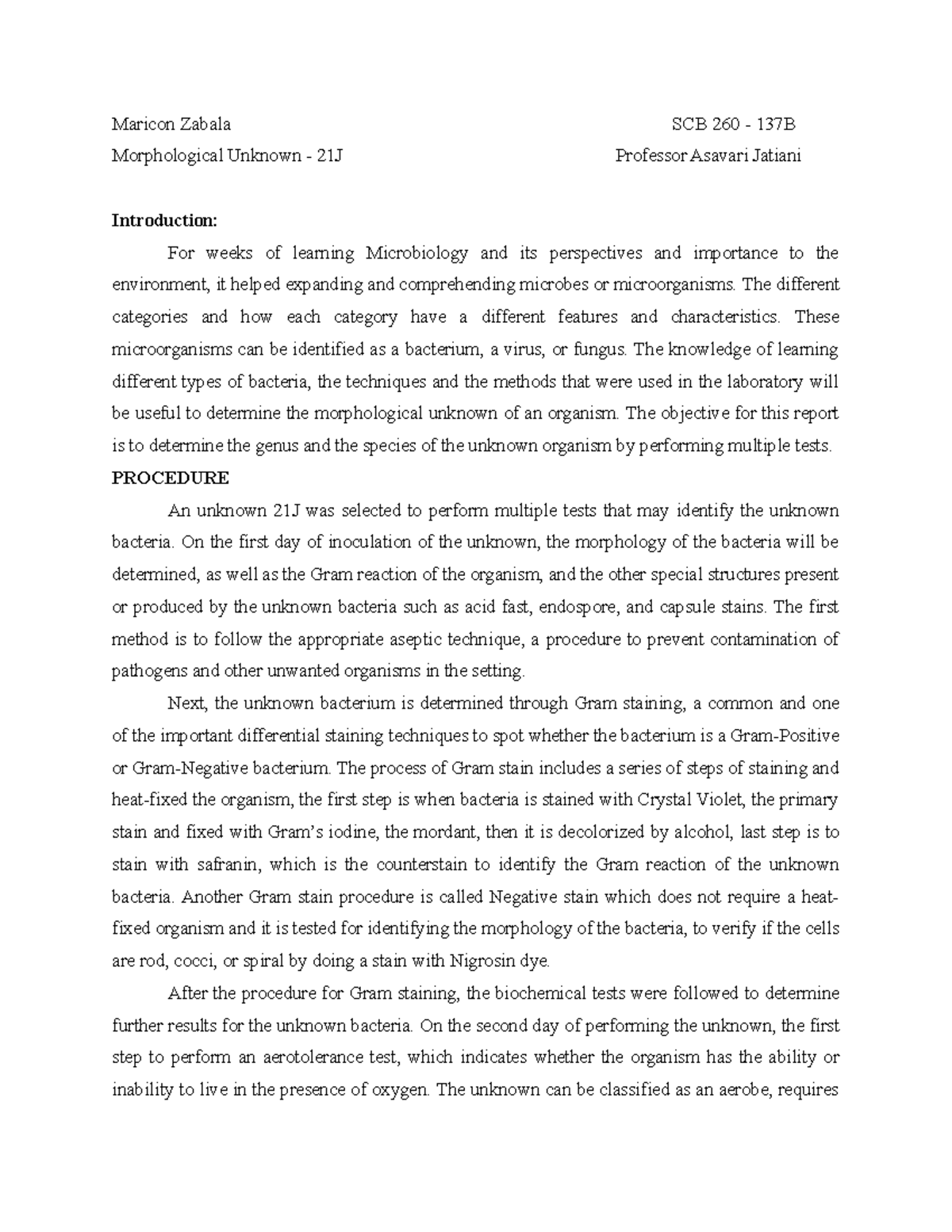 General Microbiology - Morphological Unknown report - Maricon Zabala ...