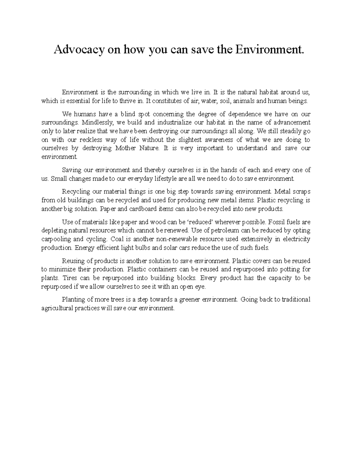 Environment - none - Advocacy on how you can save the Environment ...