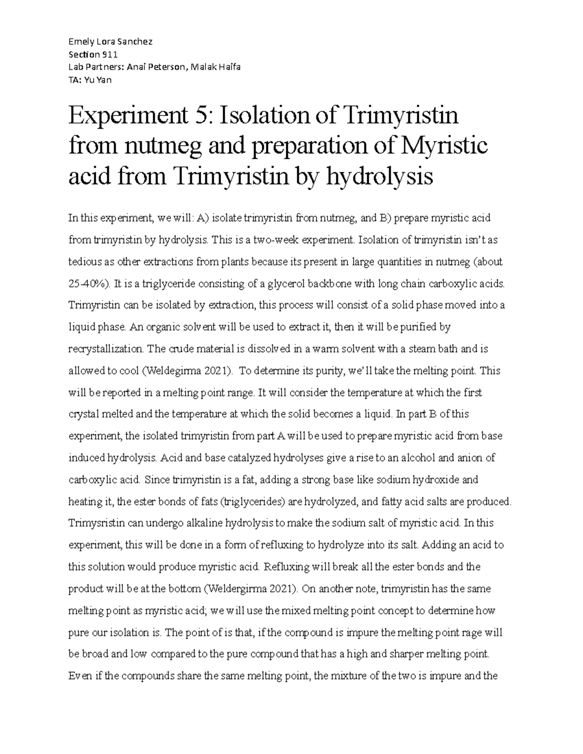 Isolation of trimyristin from nutmeg and preparation of myristic acid ...