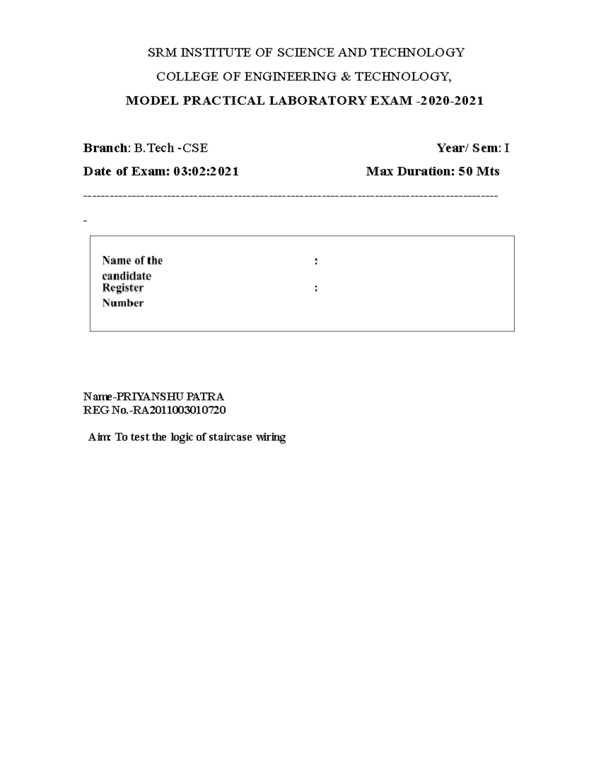 Model EXAM BEEE - SRM INSTITUTE OF SCIENCE AND TECHNOLOGY COLLEGE OF ...