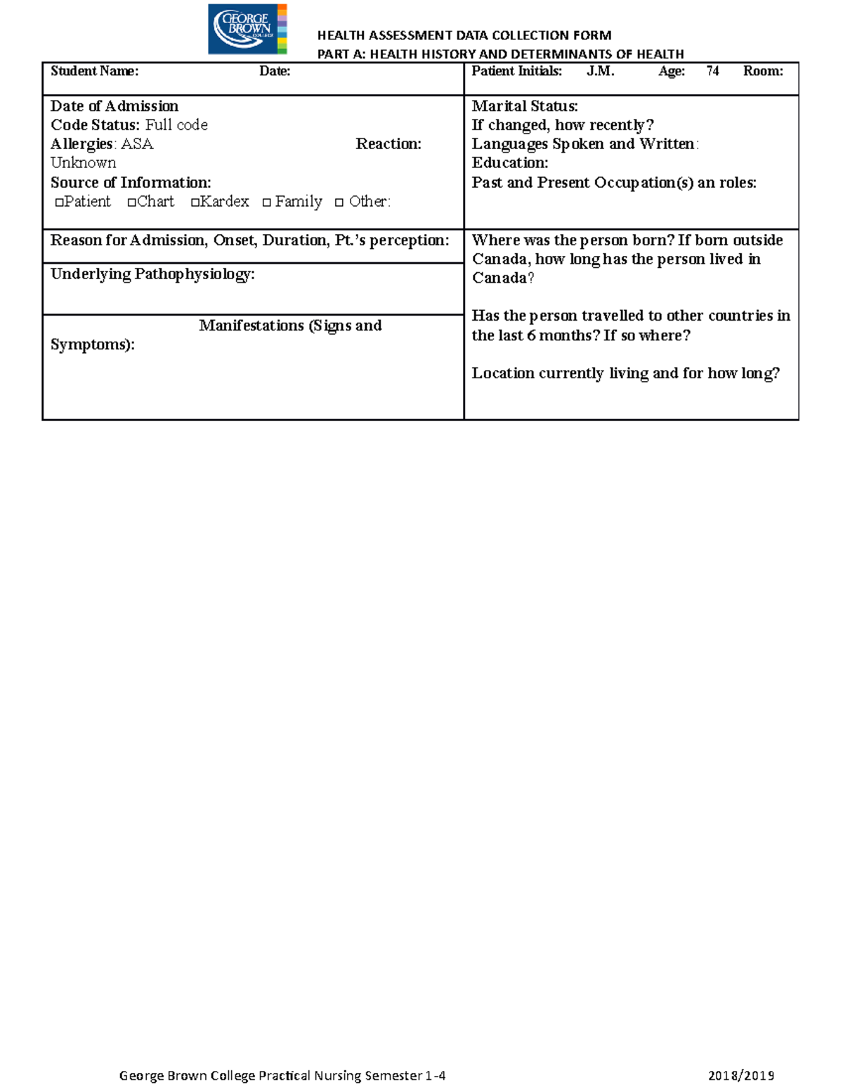 PN Health Assessment DATA Collection FORM 2018 2019 - HEALTH ASSESSMENT ...