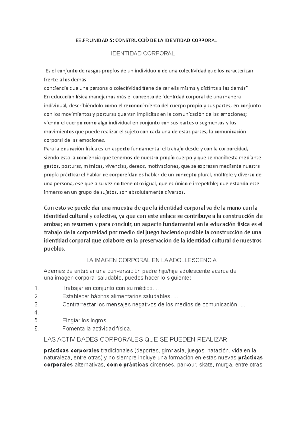 EF Identidad Corporal - ges - EE:UNIDAD 5: CONSTRUCCIÒ DE LA IDENTIDAD ...