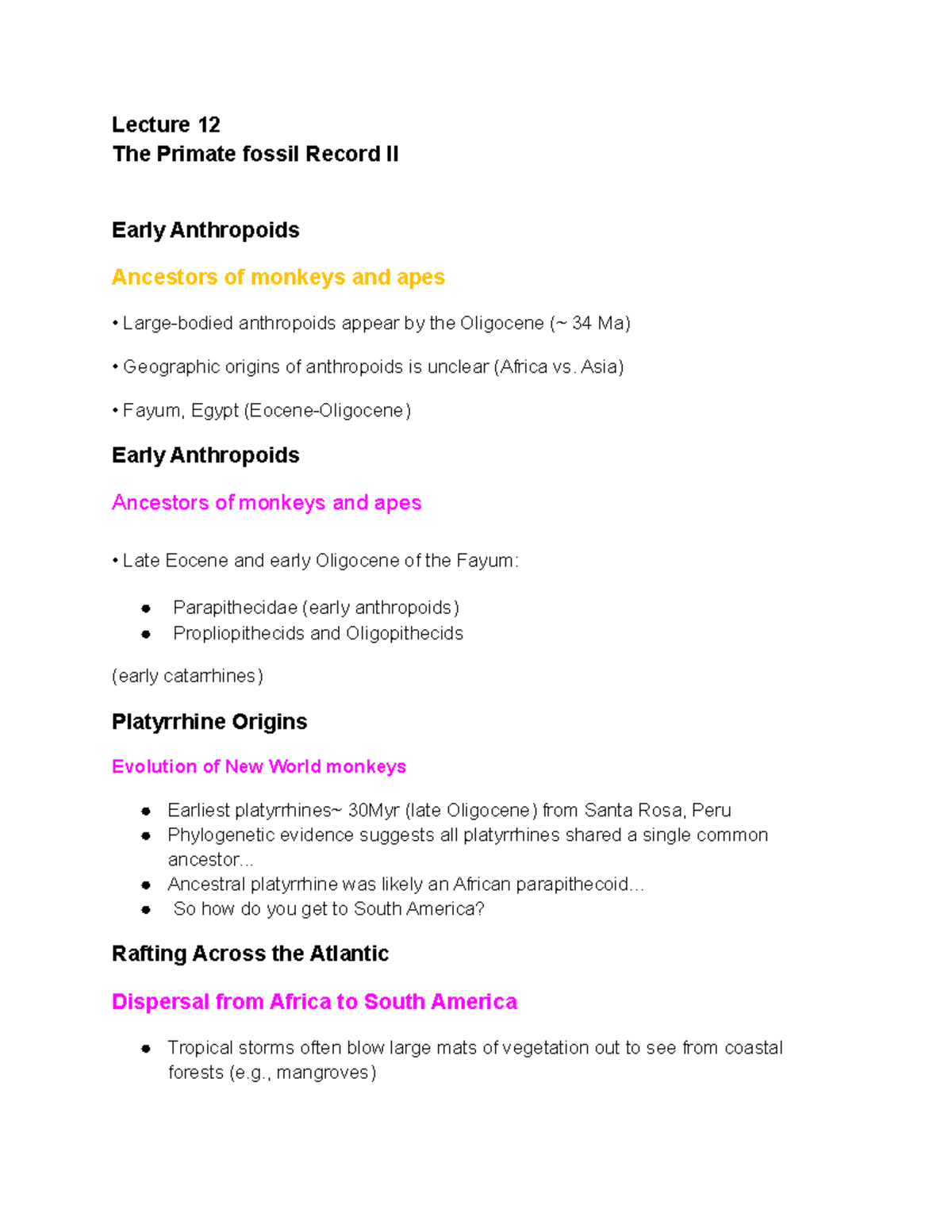 Lecture 12 The primate fossil record II - Lecture 12 The Primate fossil ...