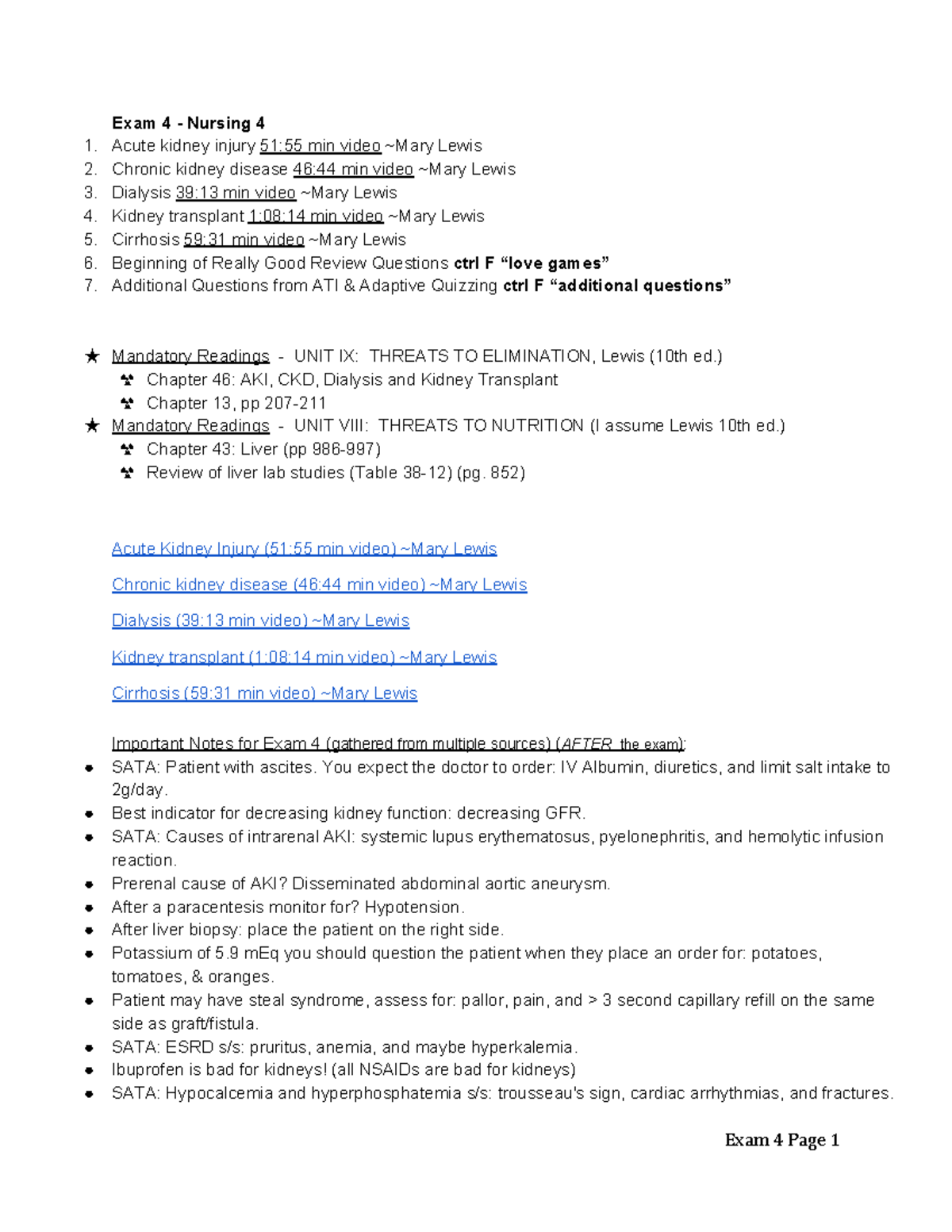 Level 4 Exam 4 (long) - good - Exam 4 - Nursing 4 Acute kidney injury ...