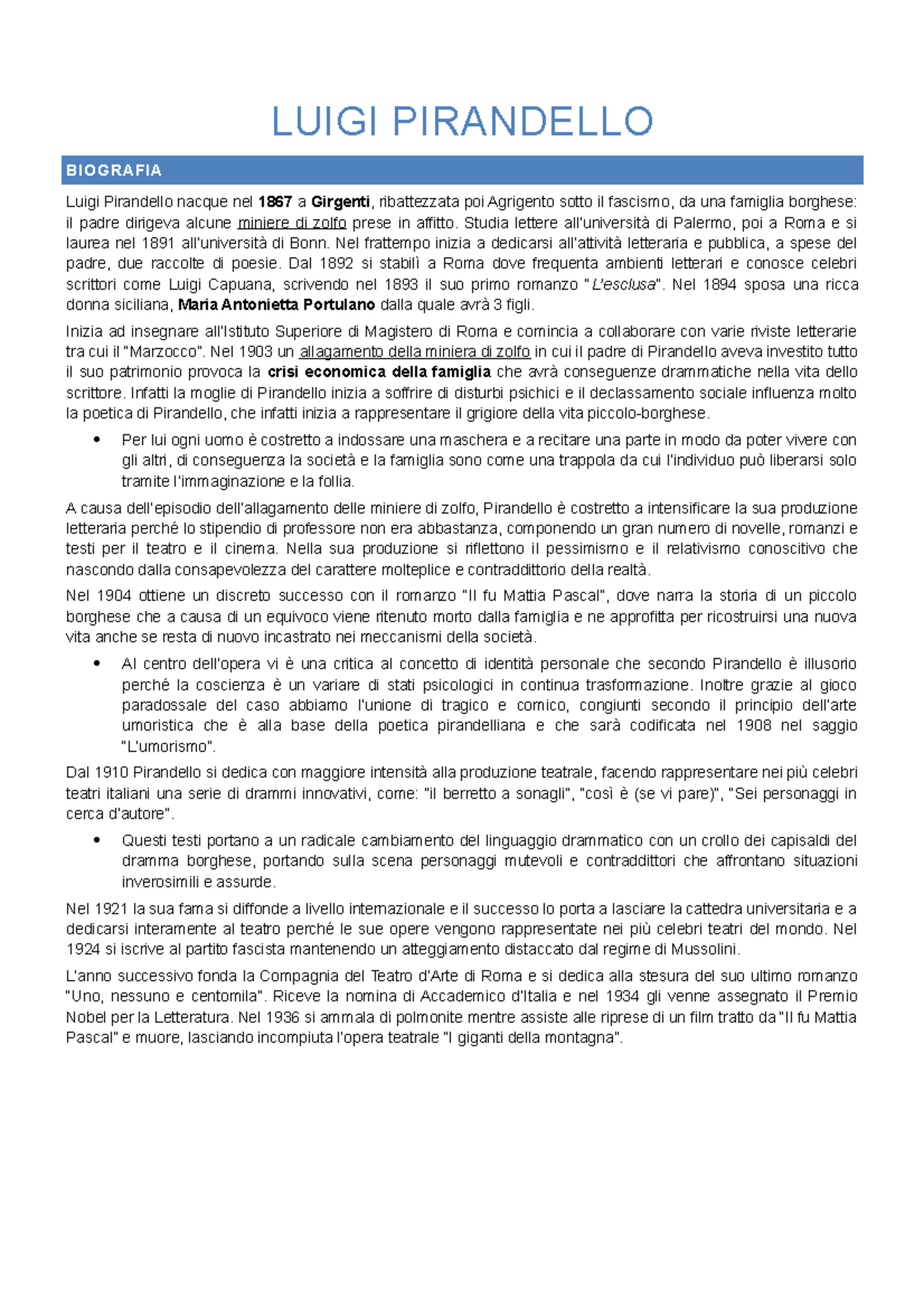 Luigi Pirandello - riassunto vita, pensiero e opere. - LUIGI PIRANDELLO BIOGRAFIA Luigi ...