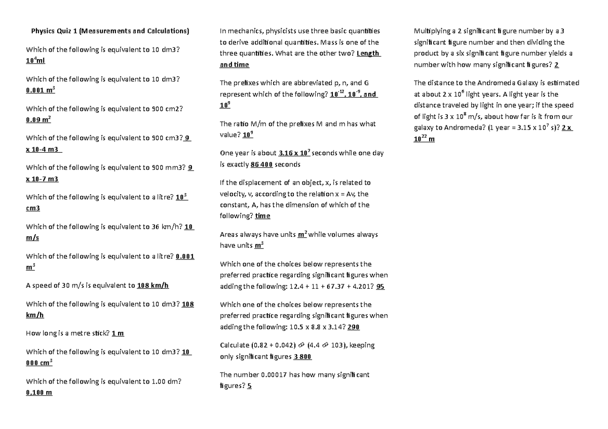 Physics Quiz 1 (measurement) - Physics Quiz 1 (Measurements and ...