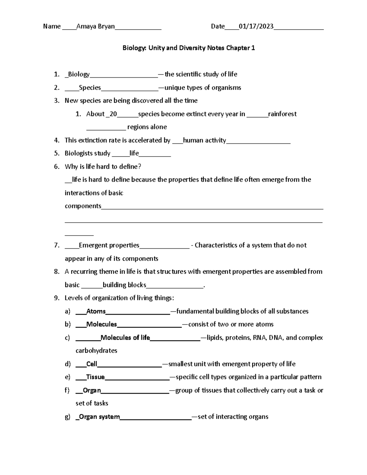 Chapter 1 Notes - Biology: Unity and Diversity Notes Chapter 1 Biology ...