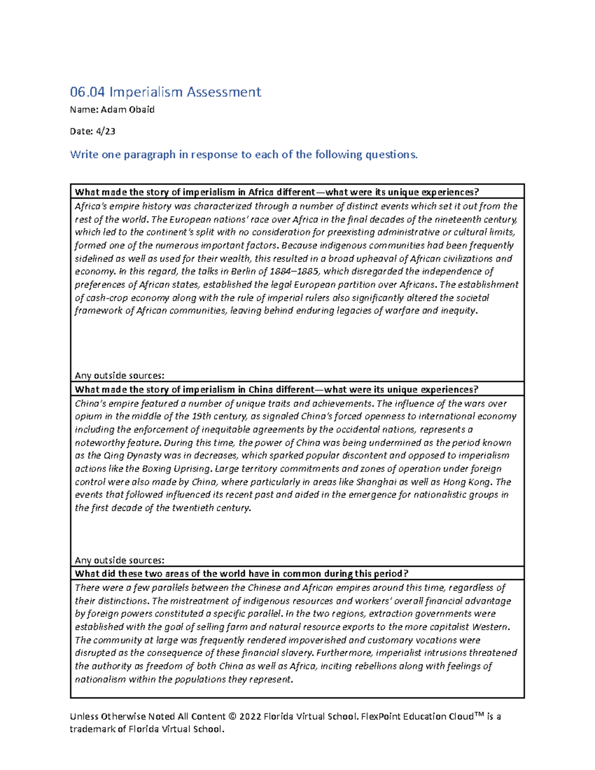 Imperialism wh Adam Obaid - 06 Imperialism Assessment Name: Adam Obaid ...