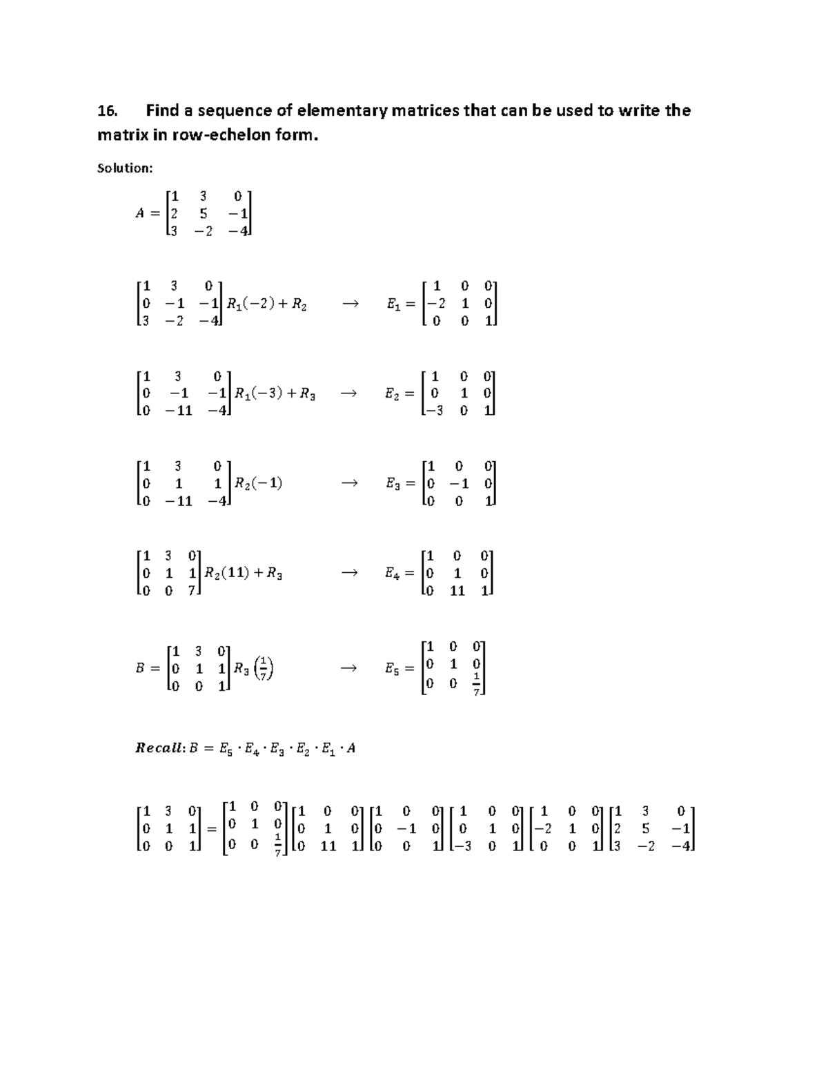 Checkup quiz 2 - answer key - 16. Find a sequence of elementary ...