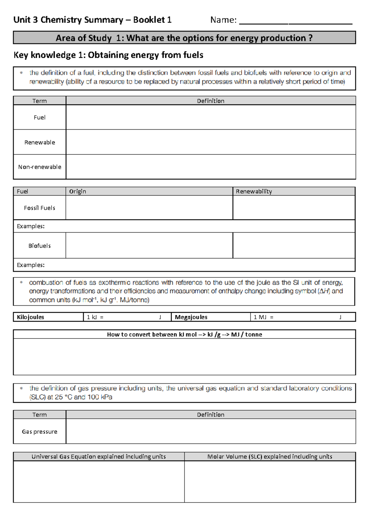 Unit 3 Exam Summary booklet (1 2) - Unit 3 Chemistry Summary – Booklet ...