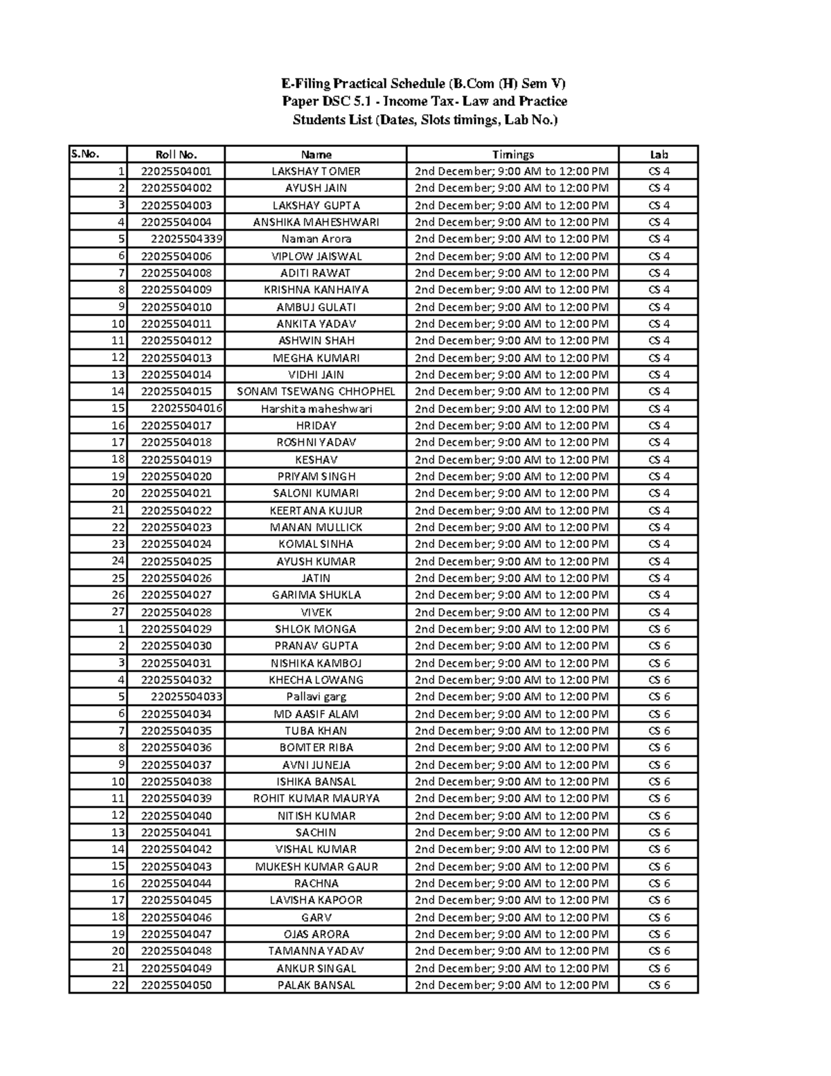 E- Filing Schedule-1-8 - S. Roll No. Name Timings Lab E-Filing ...
