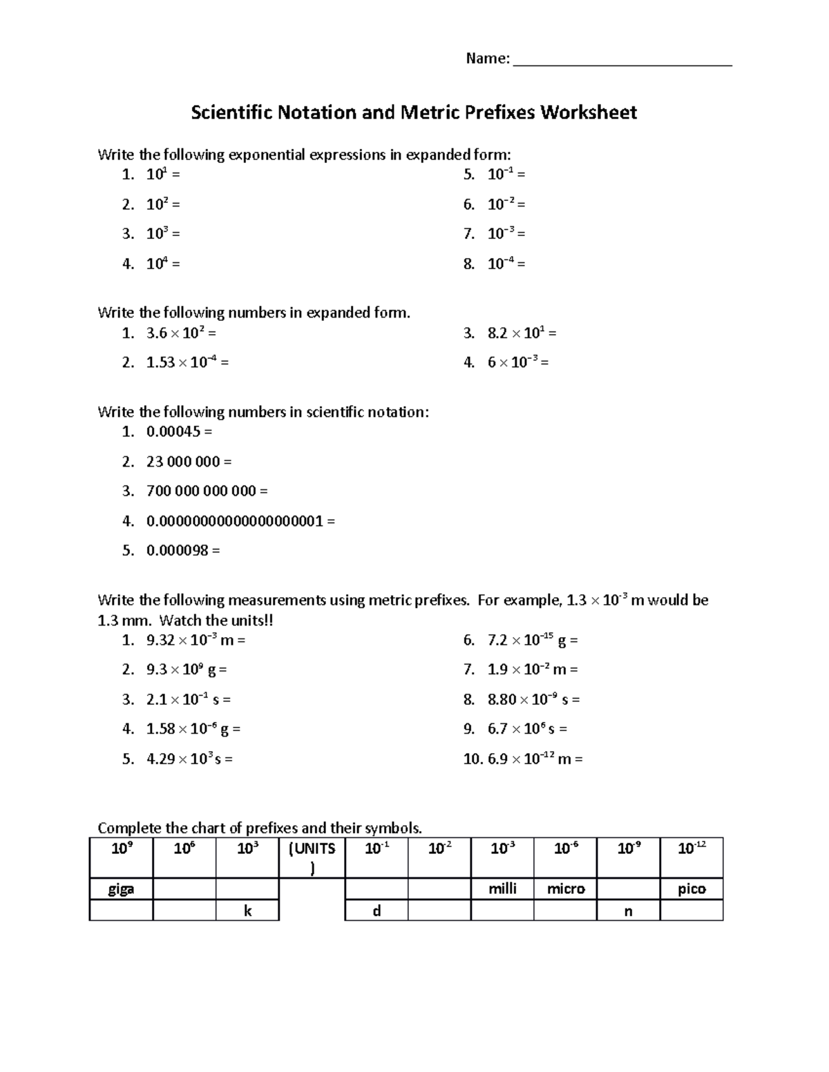 360882724 scientific notation and metric prefixes worksheet - Name