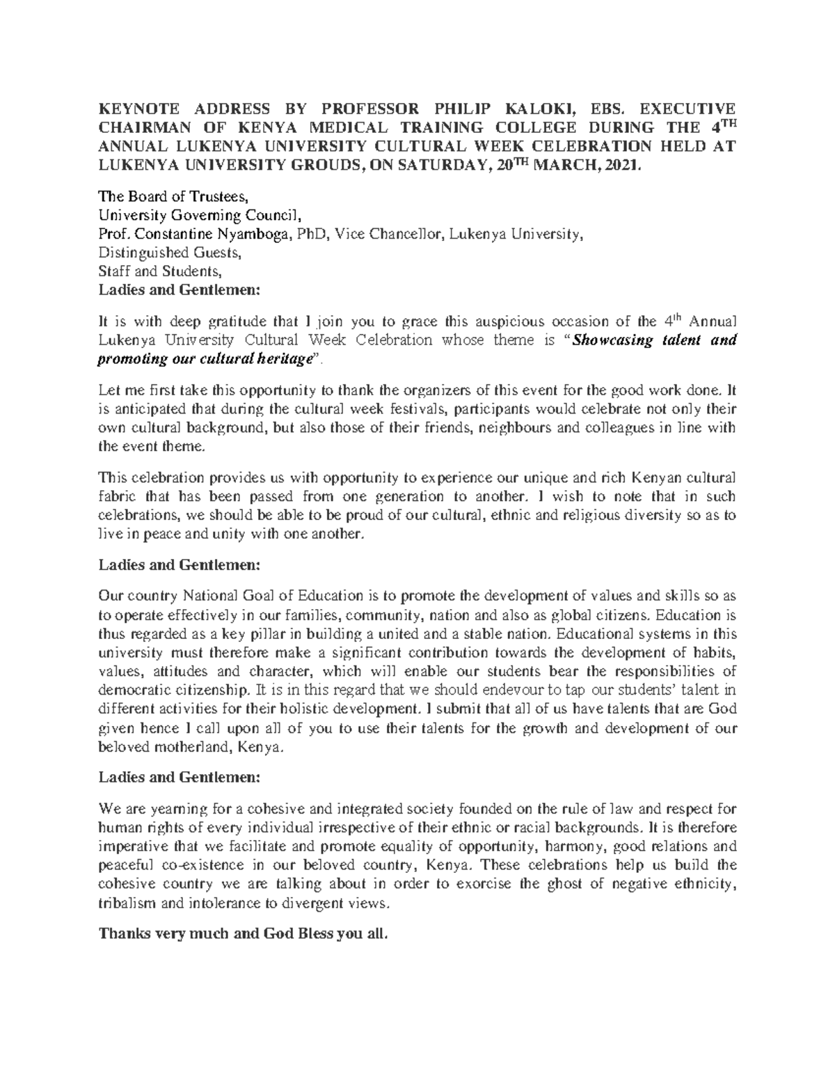 Phillip Kaloki Speech - KEYNOTE ADDRESS BY PROFESSOR PHILIP KALOKI, EBS ...