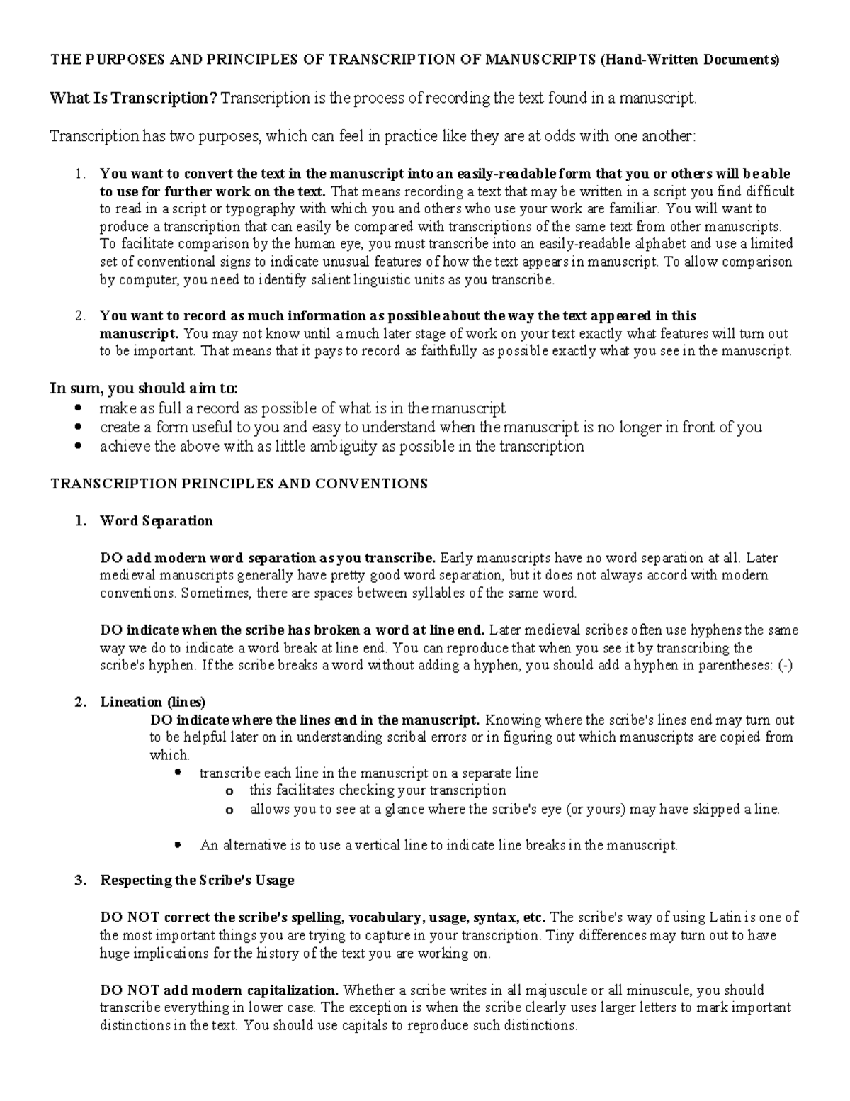 Purposes & Principles of Transcribing Manuscripts - THE PURPOSES AND ...