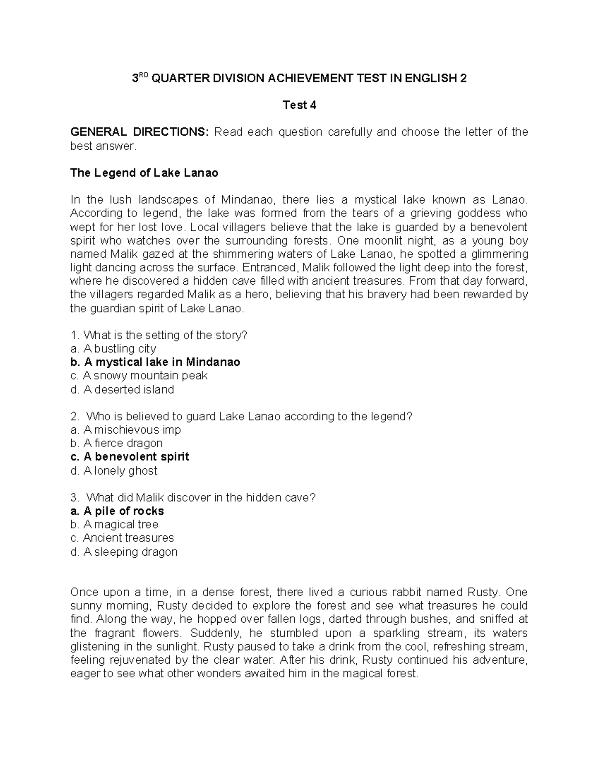 DAT English Q3 TEST 4 - 3 RD QUARTER DIVISION ACHIEVEMENT TEST IN ...