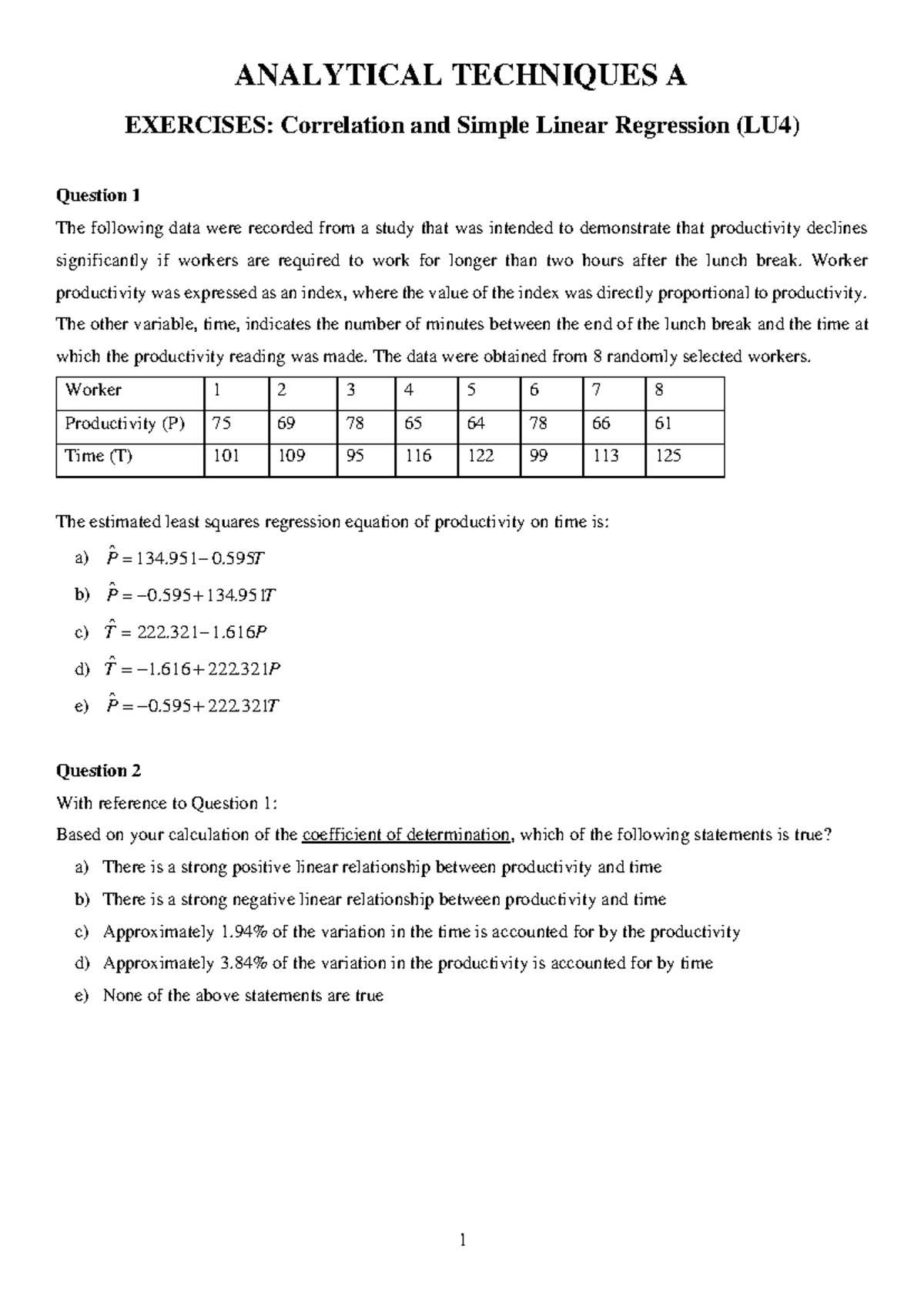 LU9 Additional exercises and MEMO - ANALYTICAL TECHNIQUES A EXERCISES: Correlation and Simple ...
