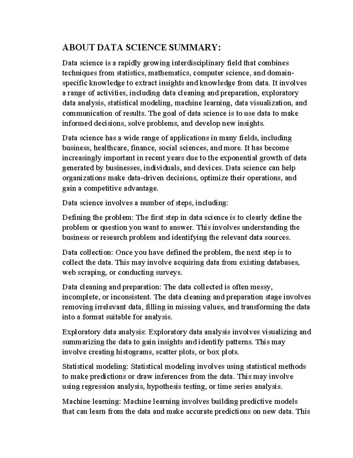 Datascience Summary - Data science - ABOUT DATA SCIENCE SUMMARY: Data ...