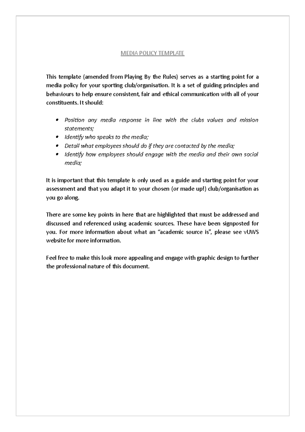 Media Policy Template - MEDIA POLICY TEMPLATE This template (amended ...