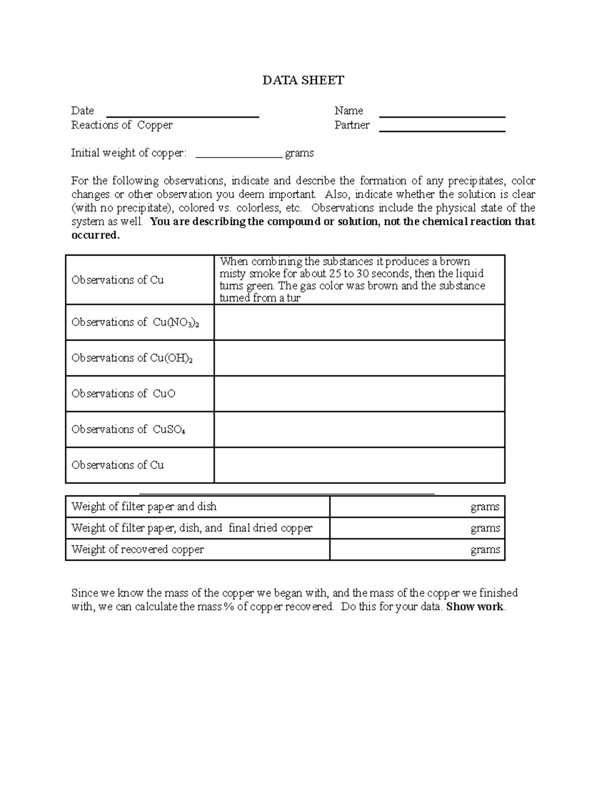 Post-Lab 6 - This is the lab sheet from experiment 6 - DATA SHEET Date Name Reactions of Copper ...