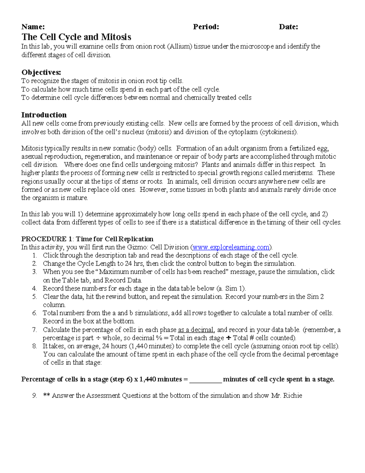 Explore Learning LM 1572884725152 - Name: Period: Date: The Cell Cycle ...