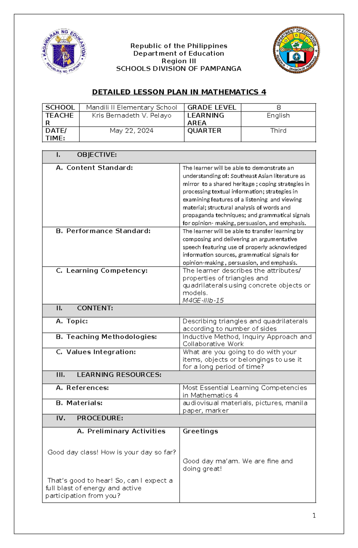 MATH 4 LP revised - nadffekdflke2e - Republic of the Philippines ...
