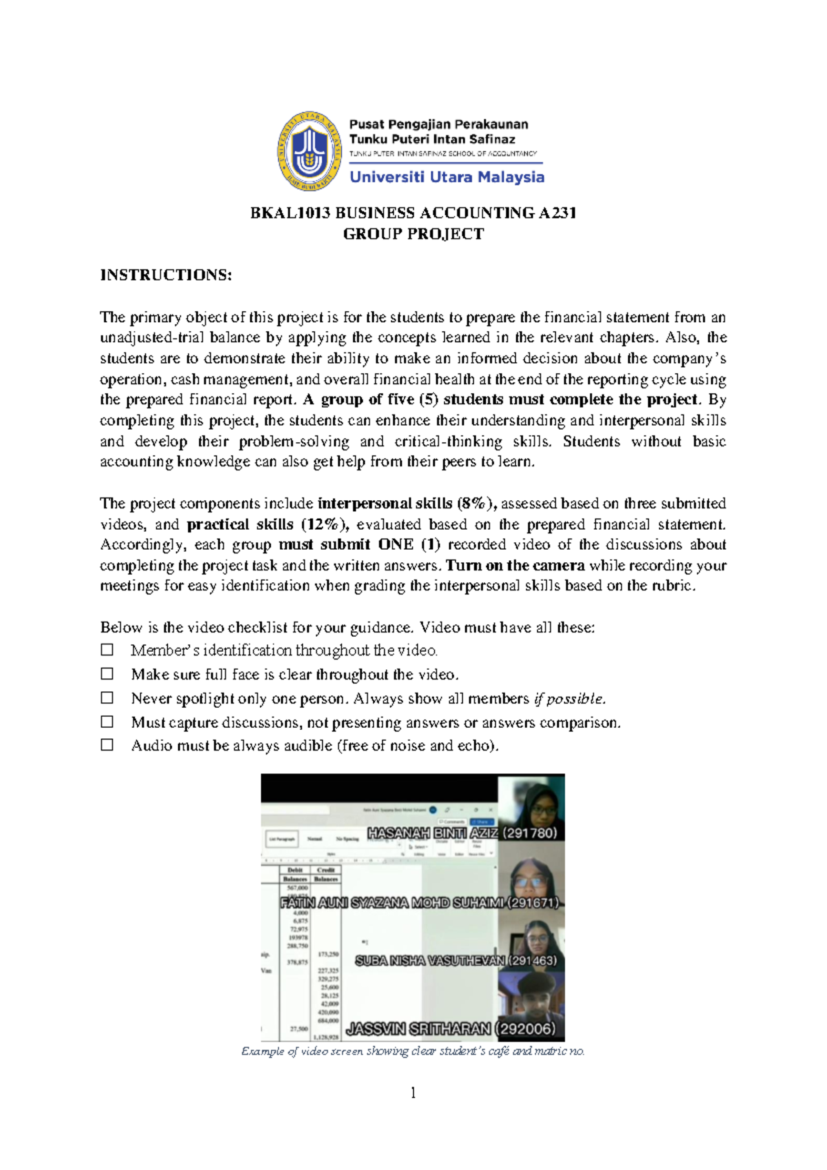 A231 Project Instructions - BKAL1013 BUSINESS ACCOUNTING A2 31 GROUP ...