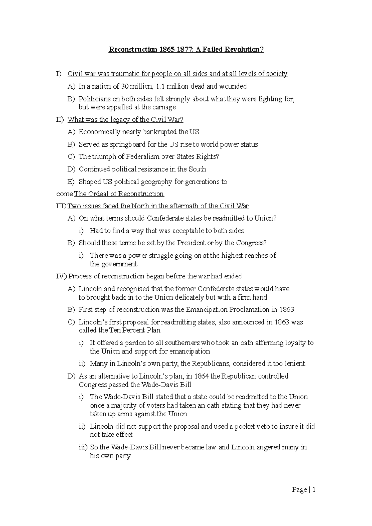 Reconstruction 1865-1877- American History Lecture Notes ...