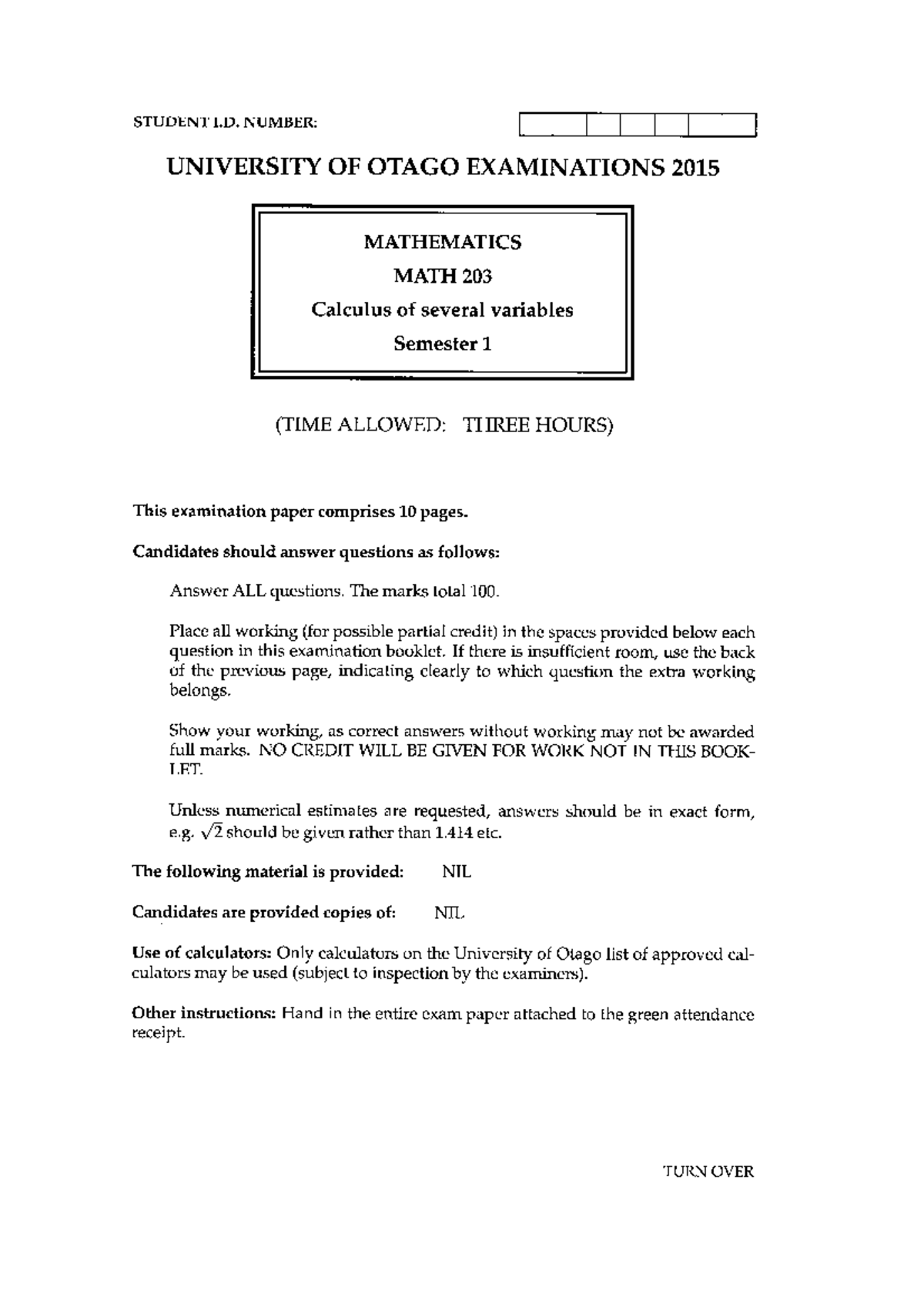 Math 203 2015 s1 - Past exam paper - Mathmatics - Studocu