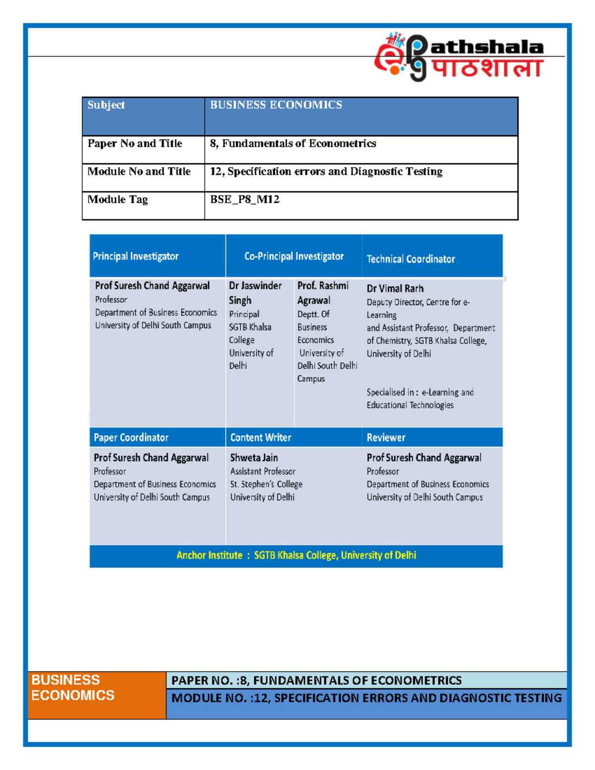 Specification errors and Diagnostic Testing - BUSINESS ECONOMICS PAPER ...