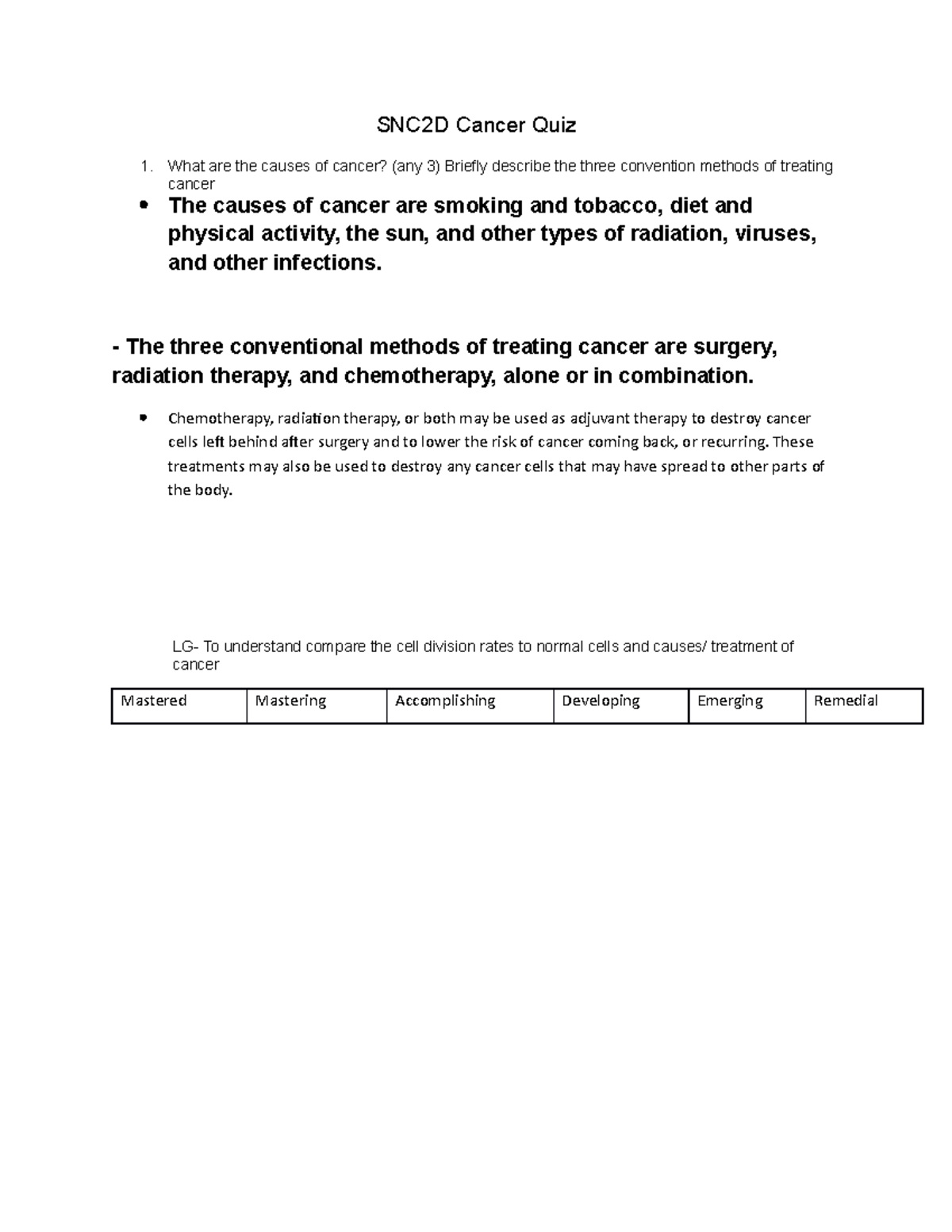 Cancer Quiz Ver 2 2022 - it is Practice quiz - SNC2D Cancer Quiz 1 ...
