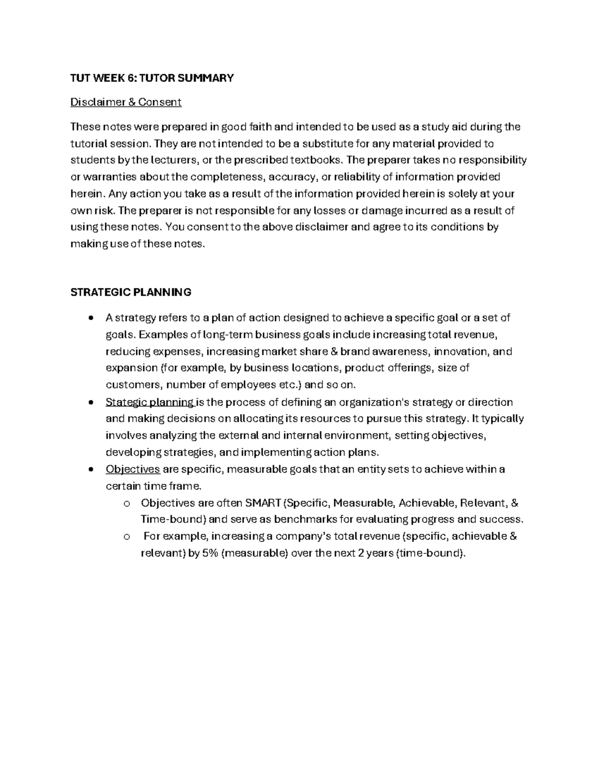Tutor Summary ON Strategic Planning AND Sources OF Finance - TUT WEEK 6 ...
