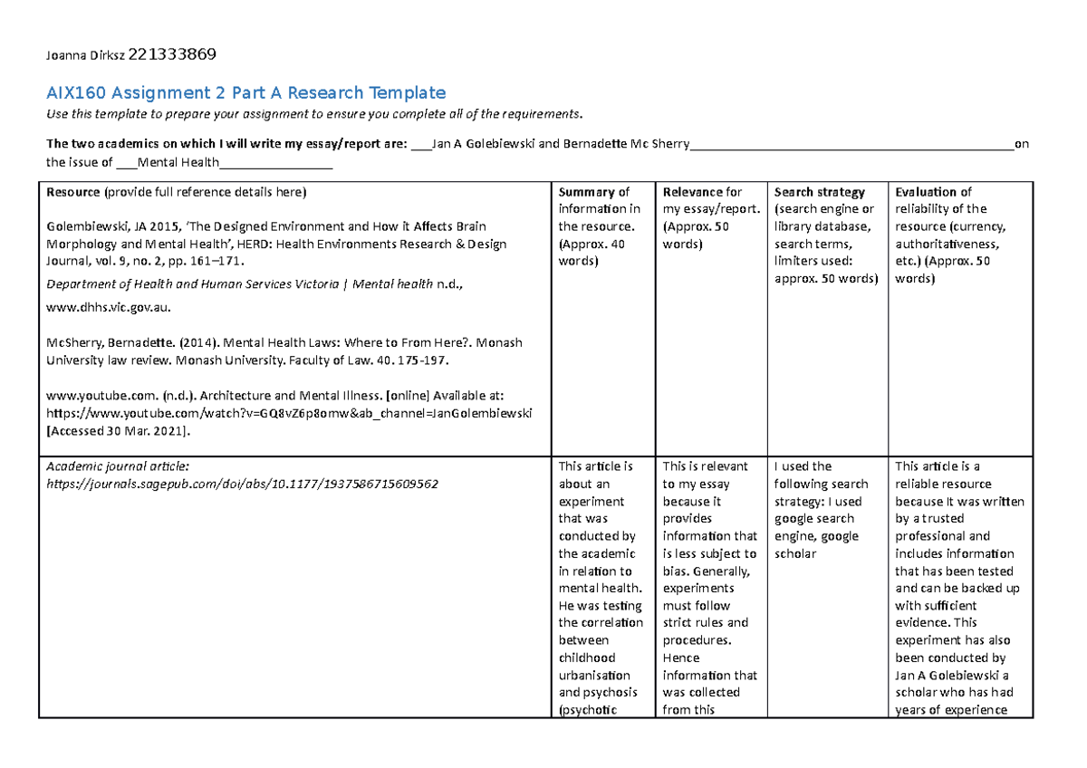Assignment 2 Part A Research Template Updated 15march 2018 Joanna