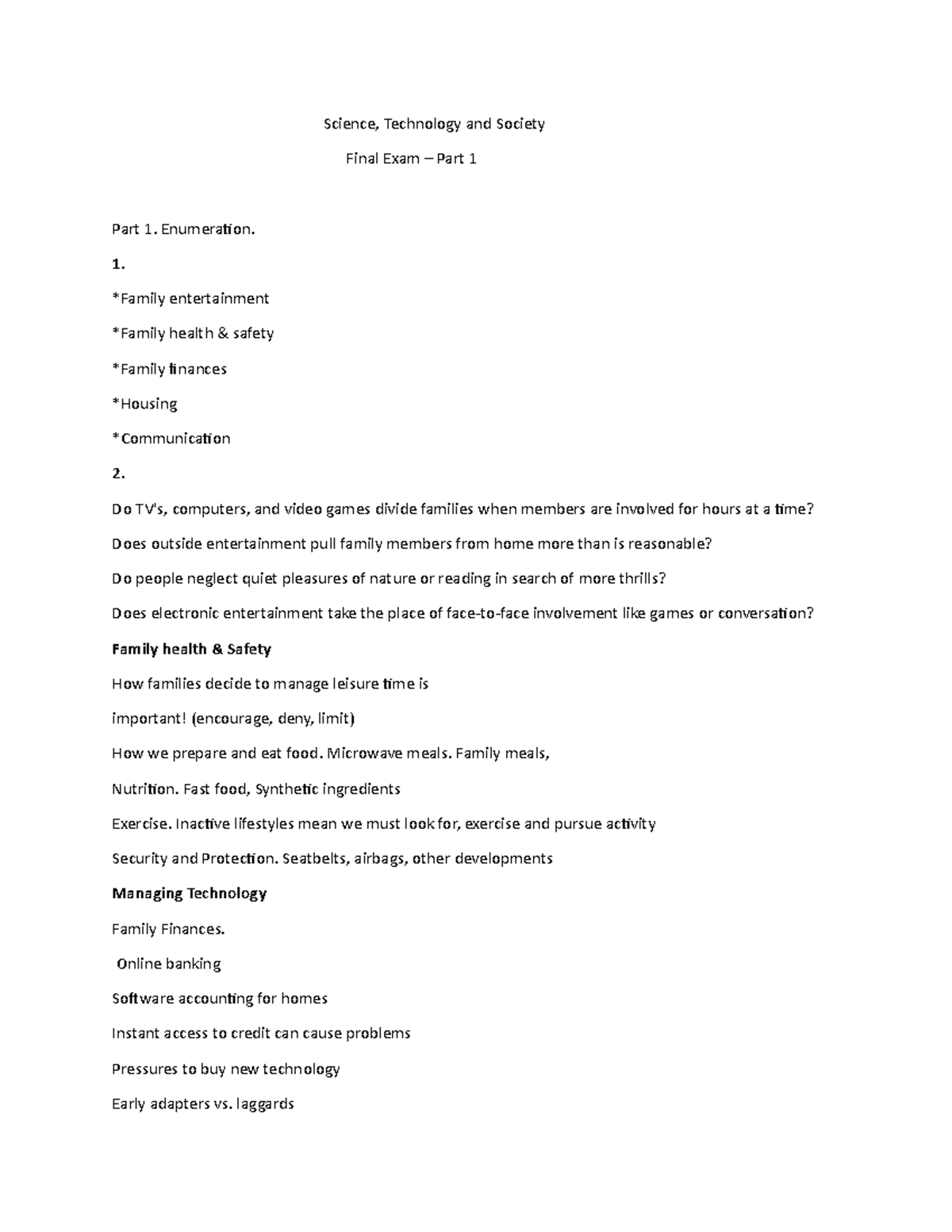 Final Examintion Part 1 - Science, Technology and Society Final Exam ...