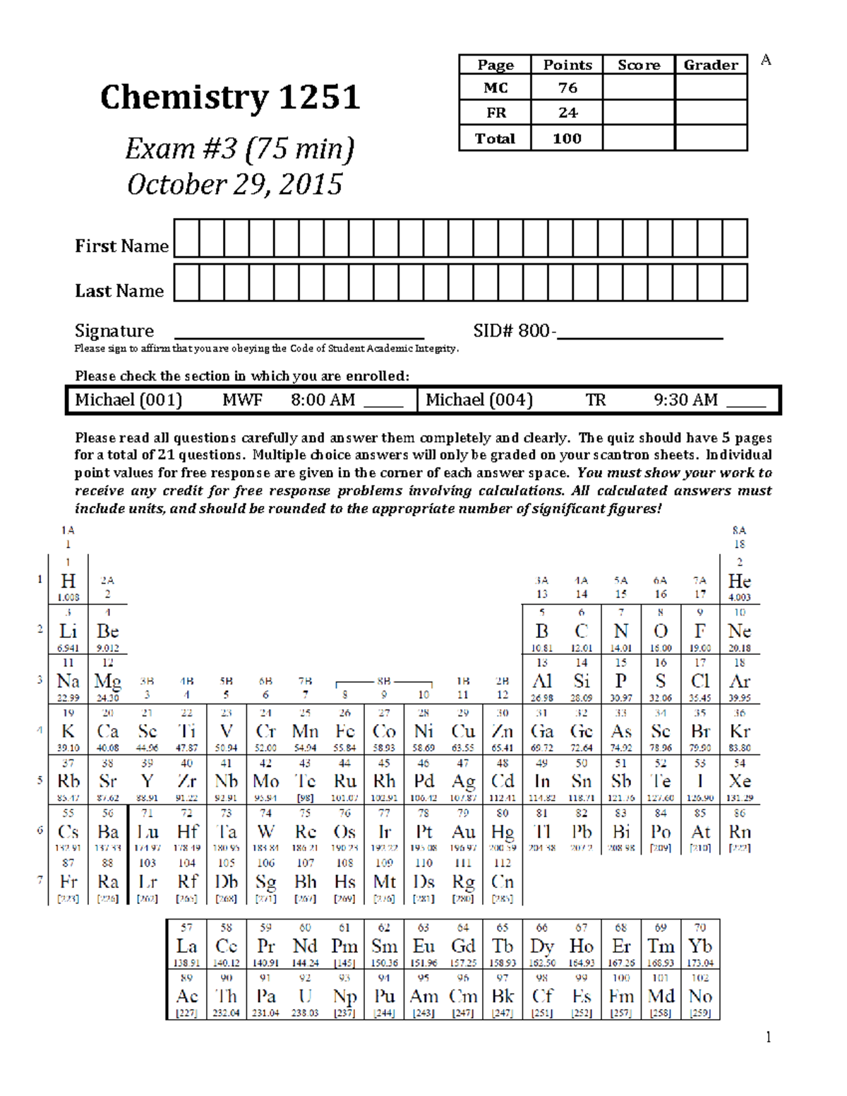 F15 1251 Exam 3A Key - F15 1251 Exam 3A Key - Chemistry 1251 Exam #3 ...